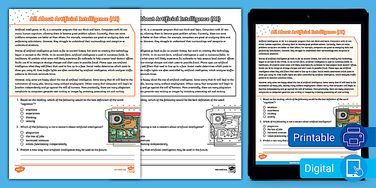 Eighth Grade All About Artificial Intelligence Reading Passage ...