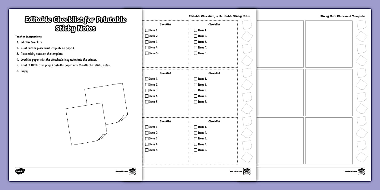 Editable Checklist Printable Sticky Notes (teacher made)