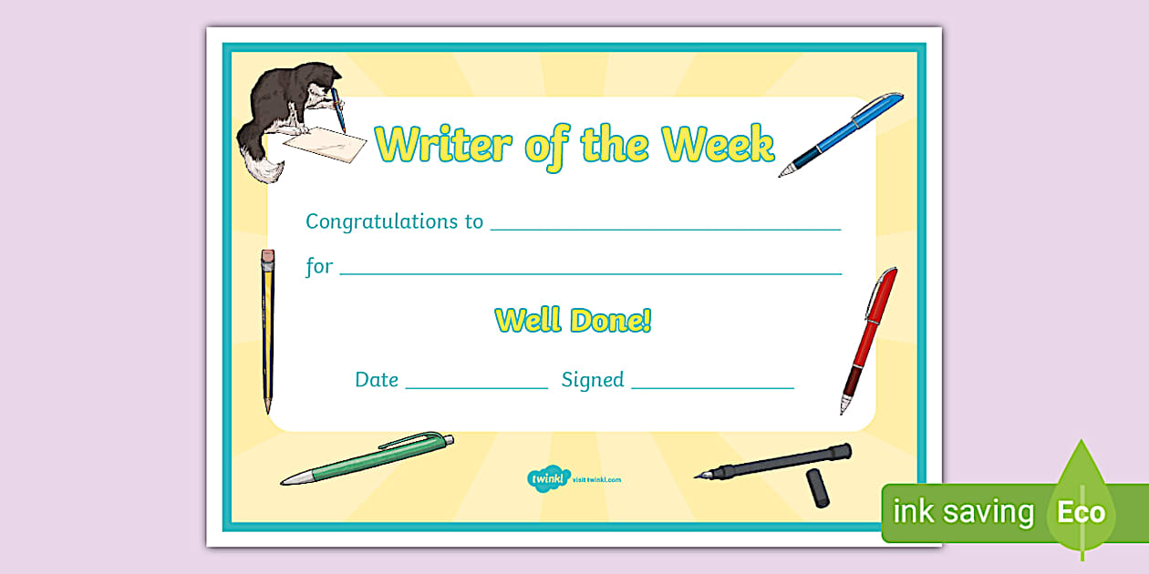 Writer of the Week Certificate,writing award,lieracy