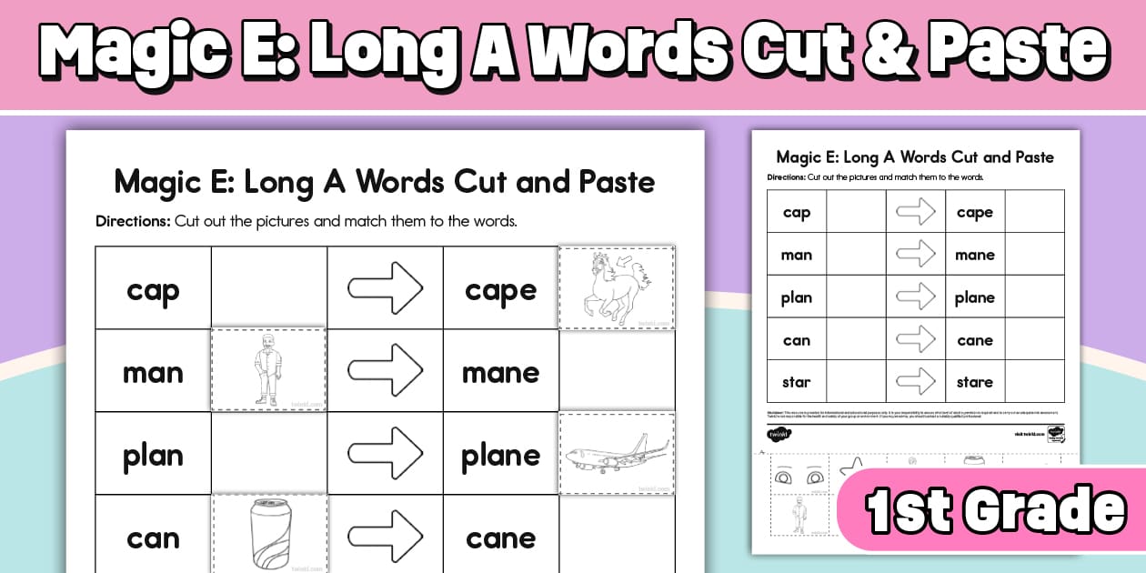 First Grade Magic E: Long A Words Cut and Paste Worksheet