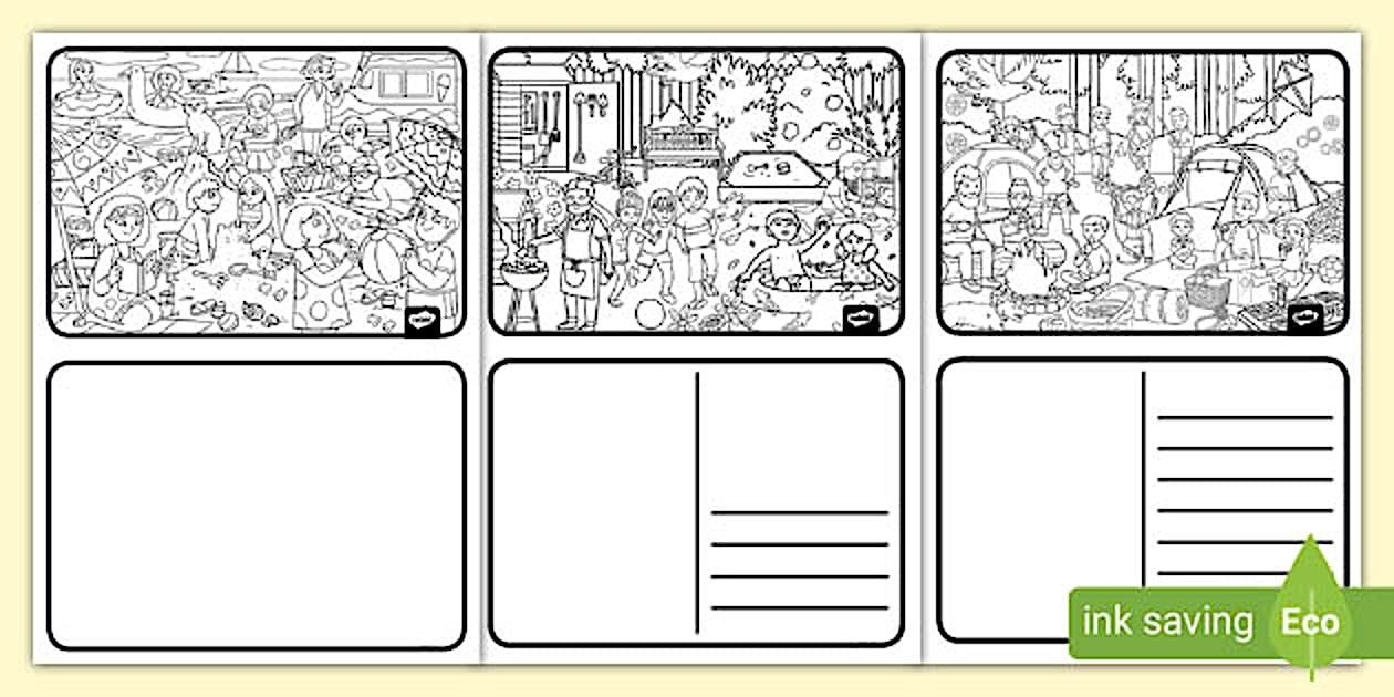 Busy Summer Colouring Postcards - Writing Resources - Twinkl