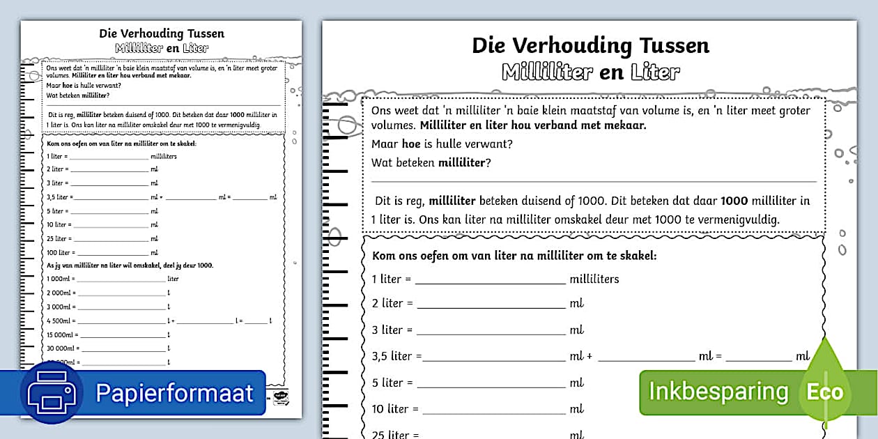 Die Verhouding Tussen Milliliter en Liter (Teacher-Made)
