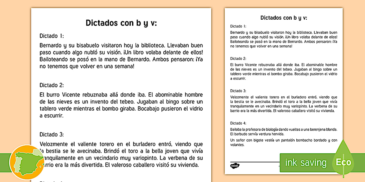 Banco de dictados con B y V: Lengua Castellana - Primaria