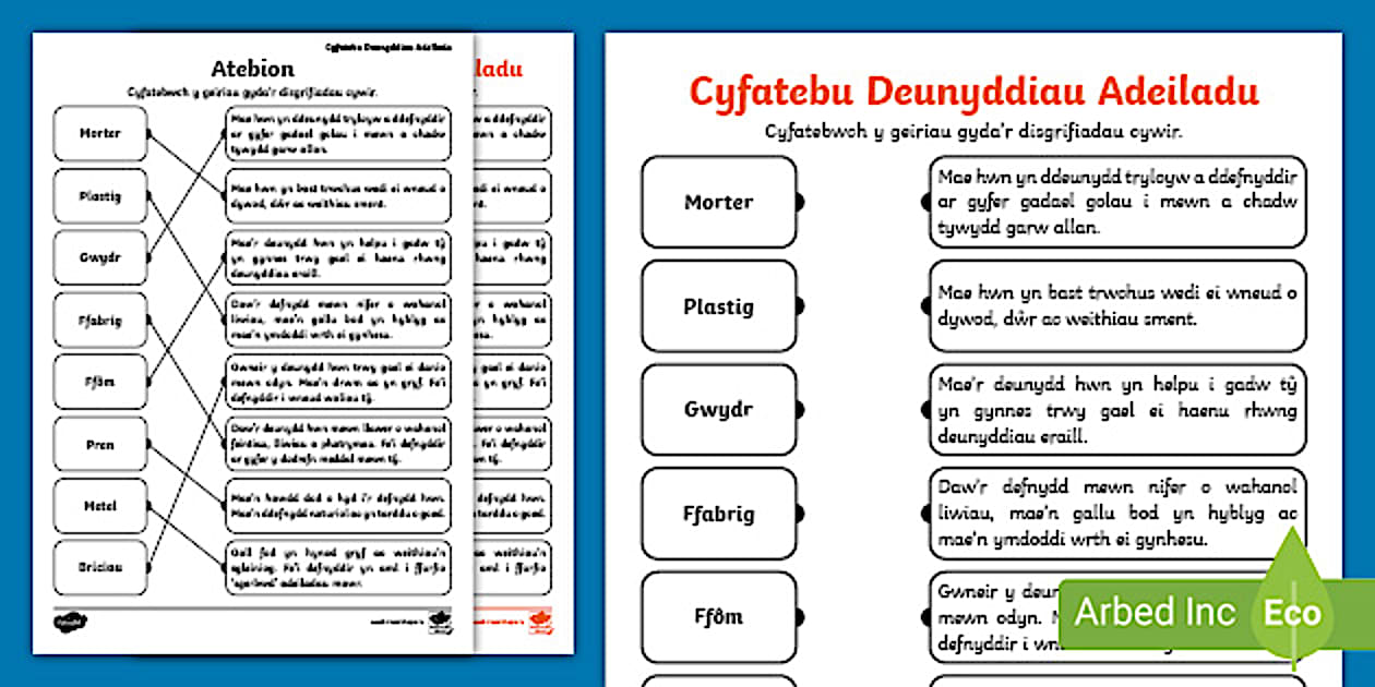 Taflen Waith Cyfatebu Deunyddiau Adeiladu