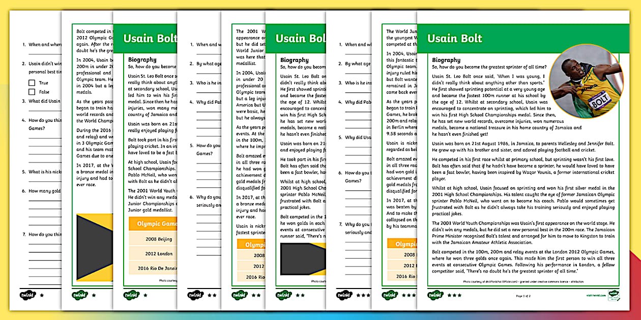 Editable Usain Bolt Biography Differentiated Reading Comprehension Activity