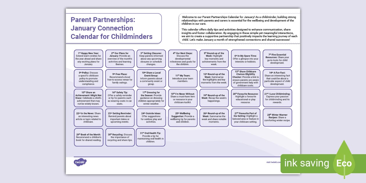 Parent Partnerships: January Calendar for Childminders