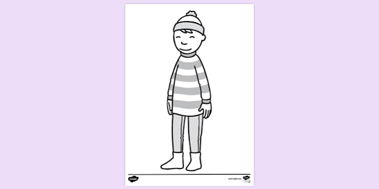 Young Boy In Stripey Jumper And Bobble Hat Colouring Sheet