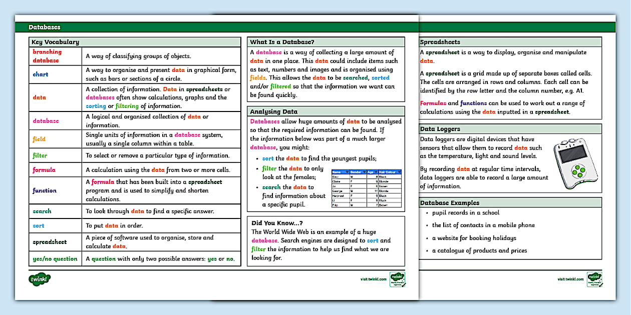 KS2 Databases Knowledge Organiser - Twinkl - Computing