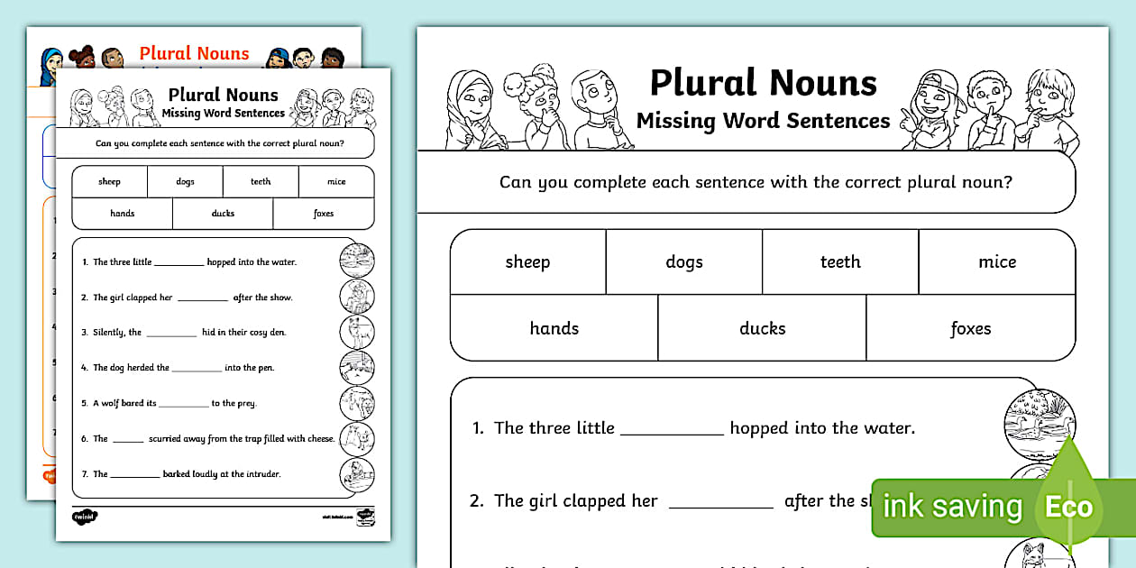 Plural Nouns Missing Word Sentences Activity Sheet - Twinkl