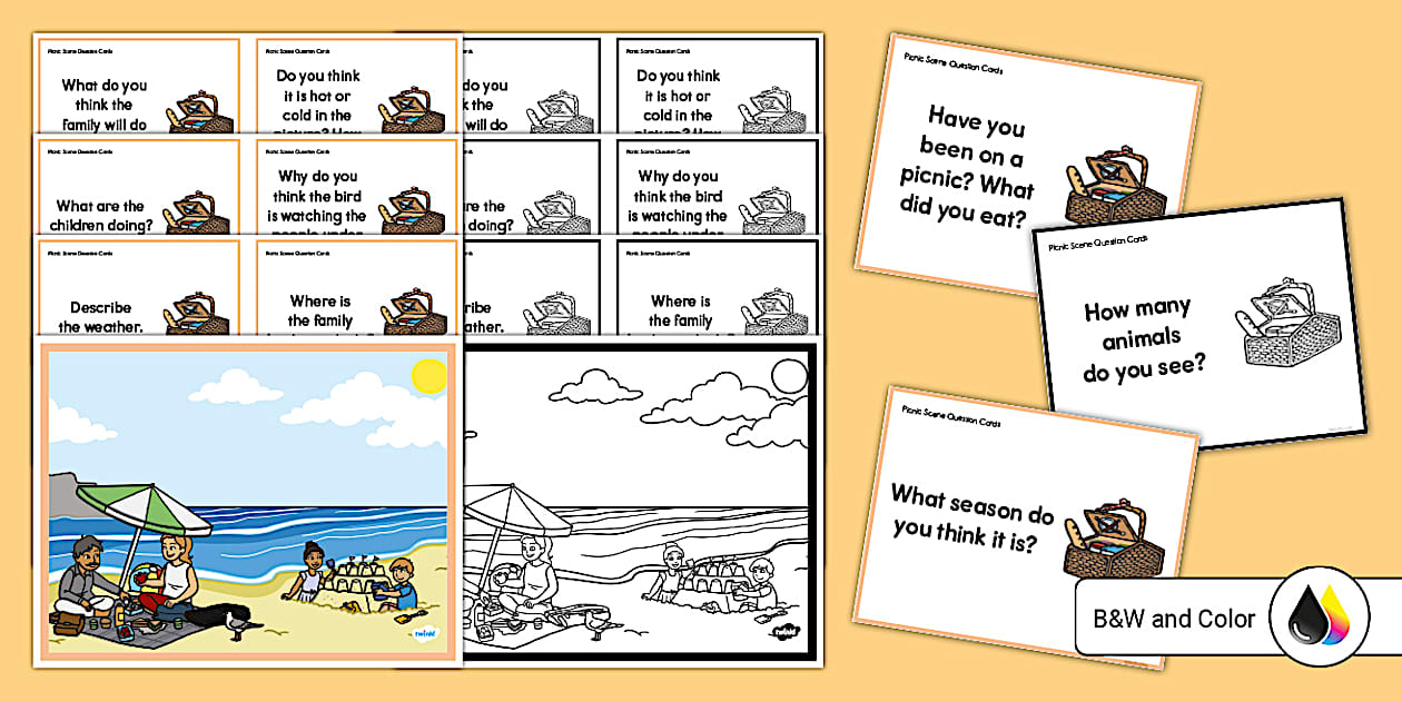 Early Childhood Picnic Scene and Question Cards - Twinkl