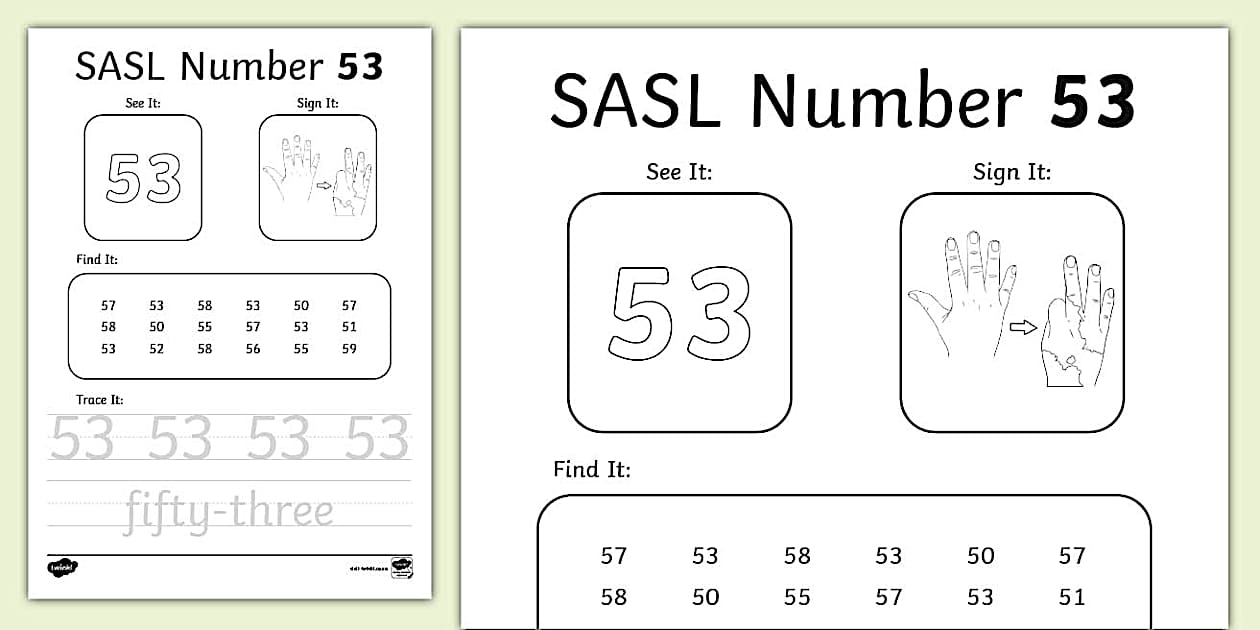 SASL Number 53 Activity Worksheet (teacher made) - Twinkl