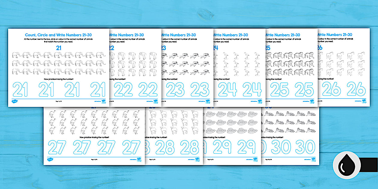 Count, Circle and Write the Animals Numbers 21-30 - Twinkl