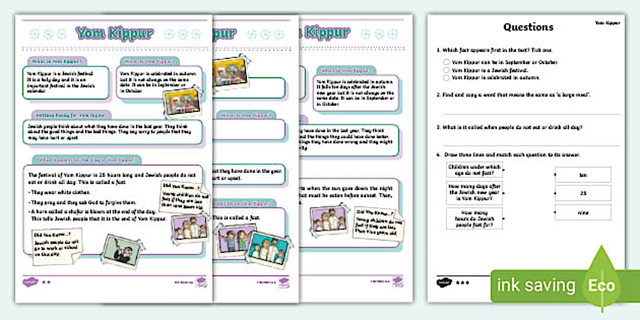KS1 Yom Kippur Differentiated Reading Comprehension Activity