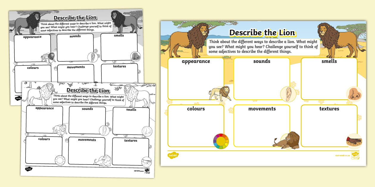 Lion Adjectives Worksheet (teacher made) - Twinkl
