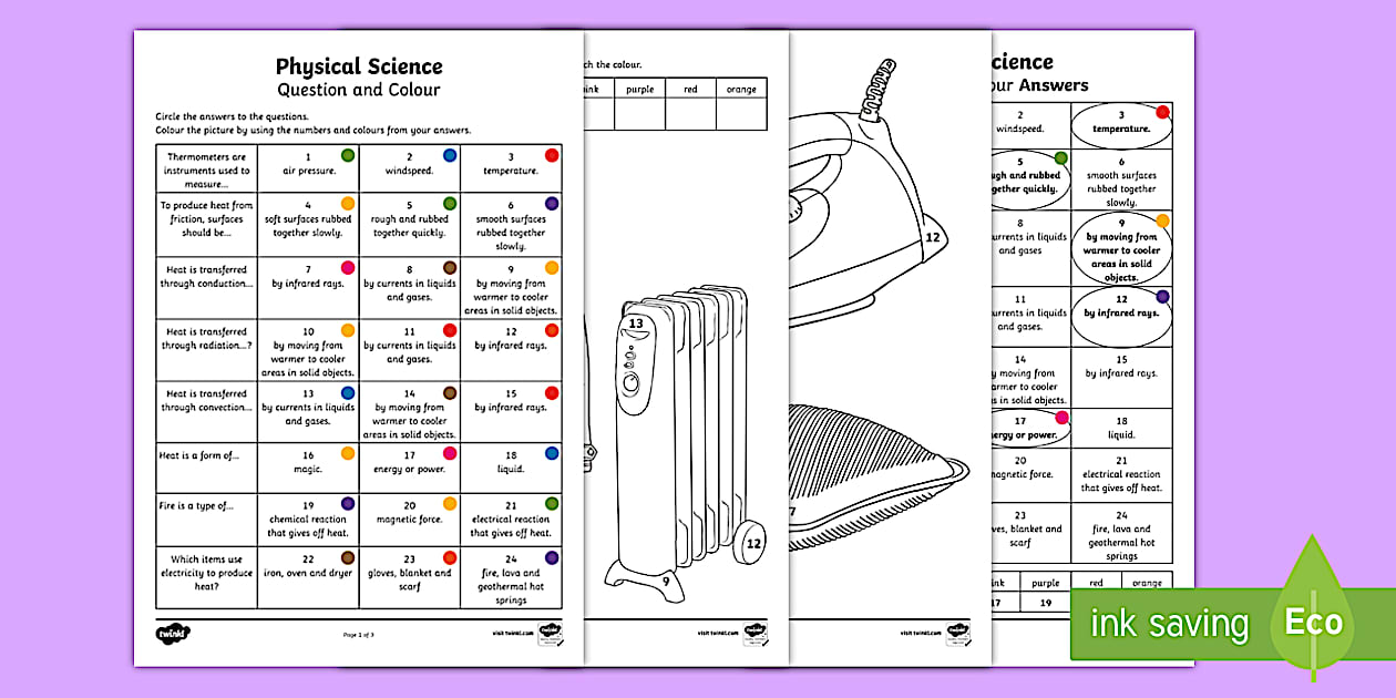 Year 3 Physical Science Questions and Colouring Worksheet / Worksheets