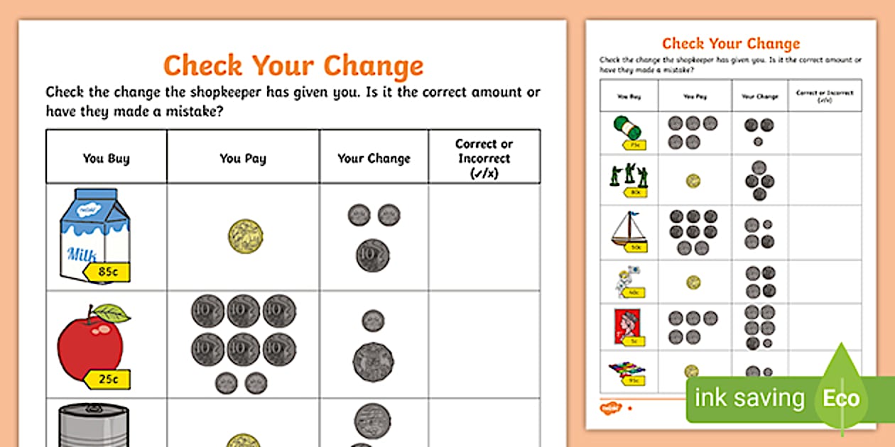 Counting Money Back Worksheets | Change from $1 | Twinkl