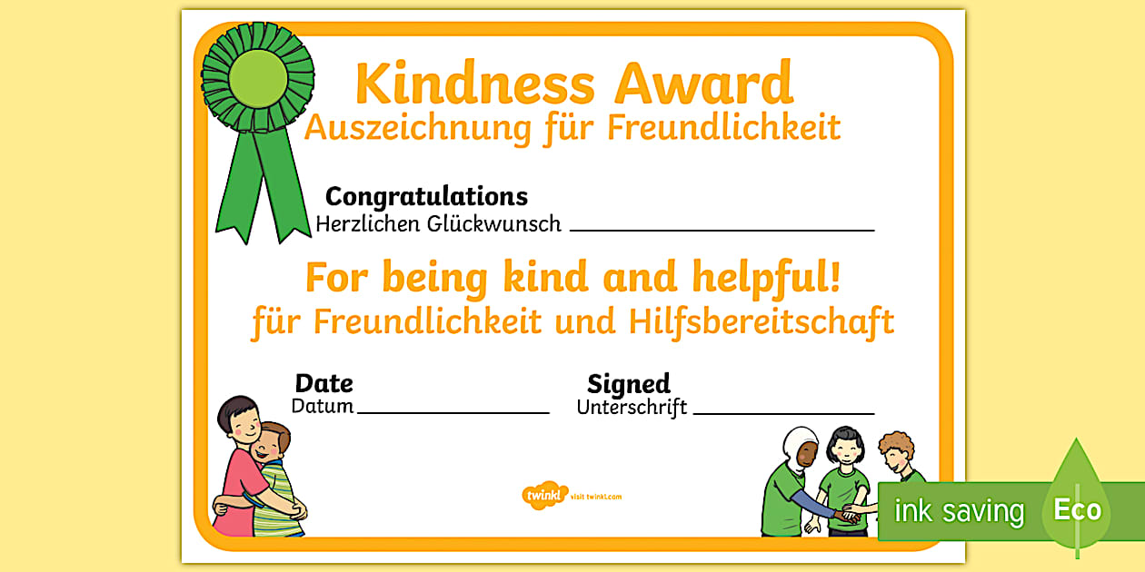 Kindness Award Certificate English/German - EAL, German, Kindness Award