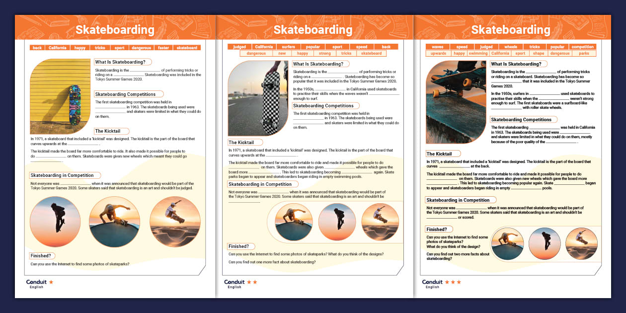 Reinforcing Reading: Skateboarding Cloze Passages - Twinkl