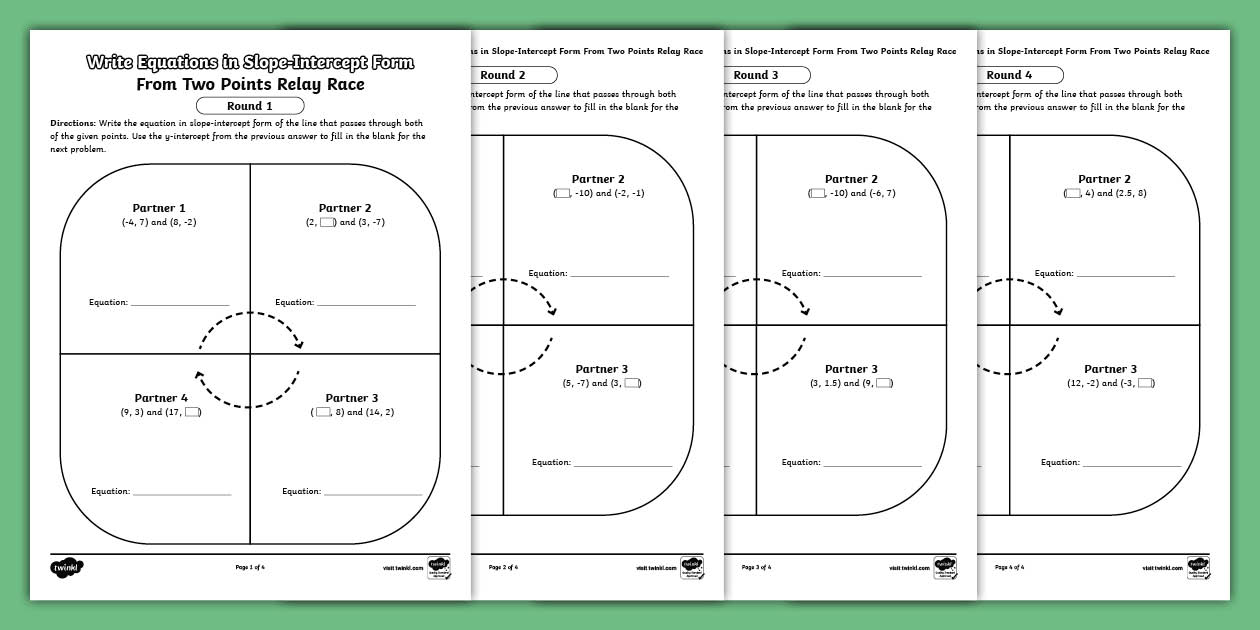 Eighth Grade Write Equations in Slope-Intercept Form From Two Points Relay