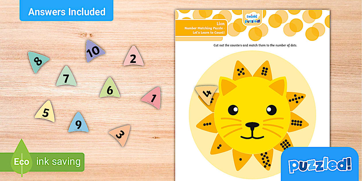 Lion Number Matching Puzzle - Let's Learn to Count - Twinkl