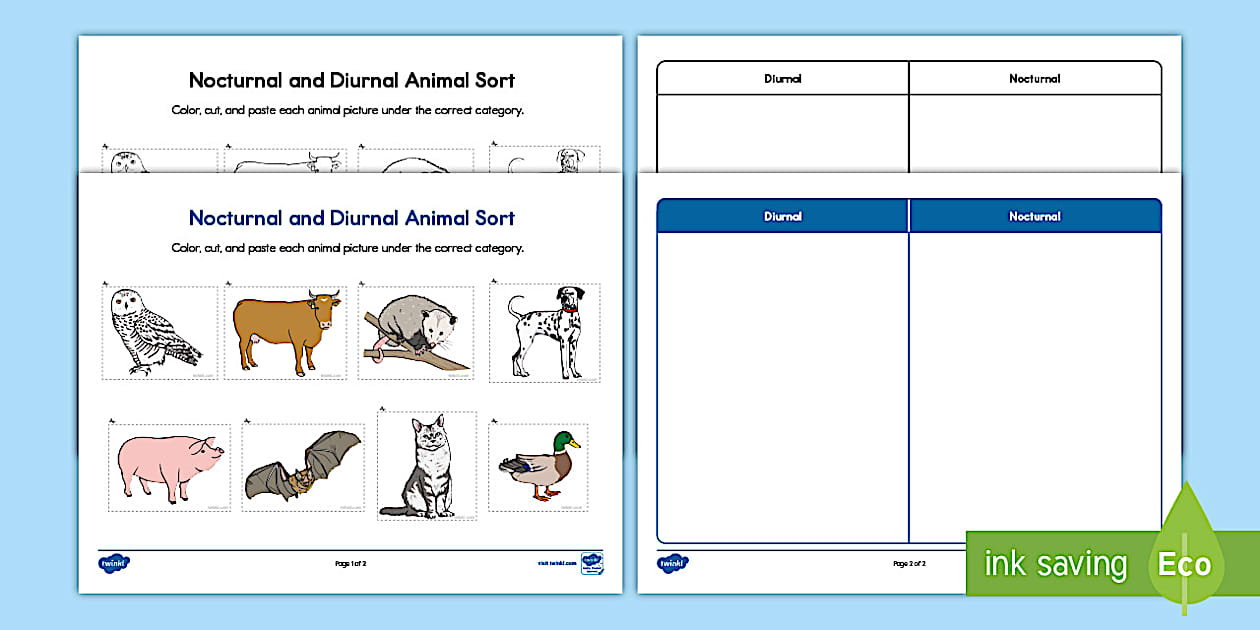 Nocturnal and Diurnal Animals Cut and Paste Sort