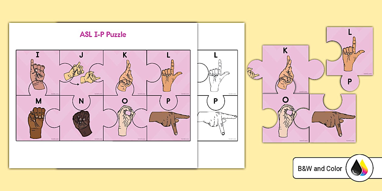 ASL Letters I-P Puzzle Worksheet - Twinkl