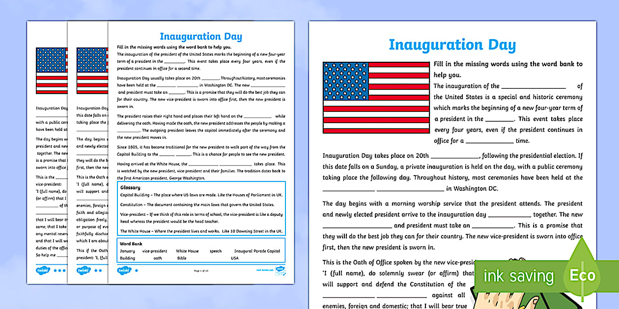 Middle Ability KS2 Inauguration Day Missing Words Differentiated Worksheets