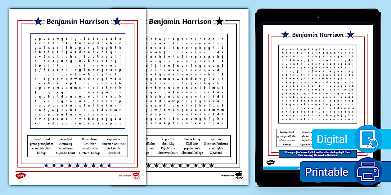 Benjamin Harrison Word Search for 6th-8th Grade - Twinkl
