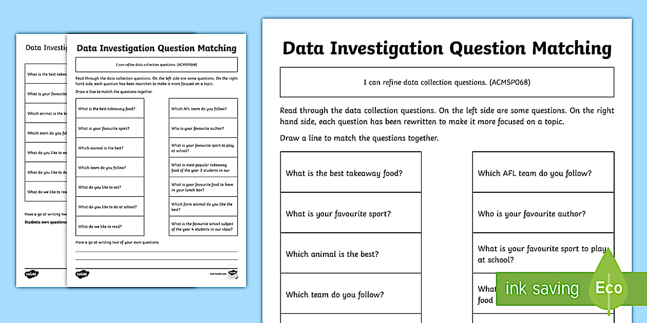 Data Investigation Question Match Worksheet / Worksheet
