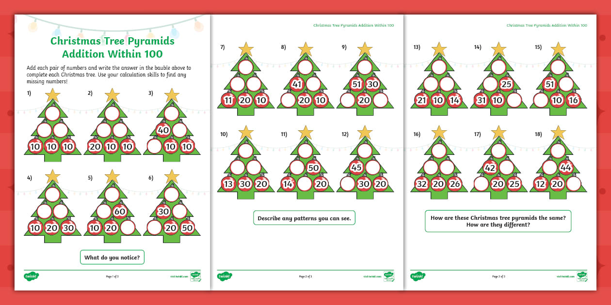 Pyramid Christmas Tree Addition Within 100 | Twinkl | KS1