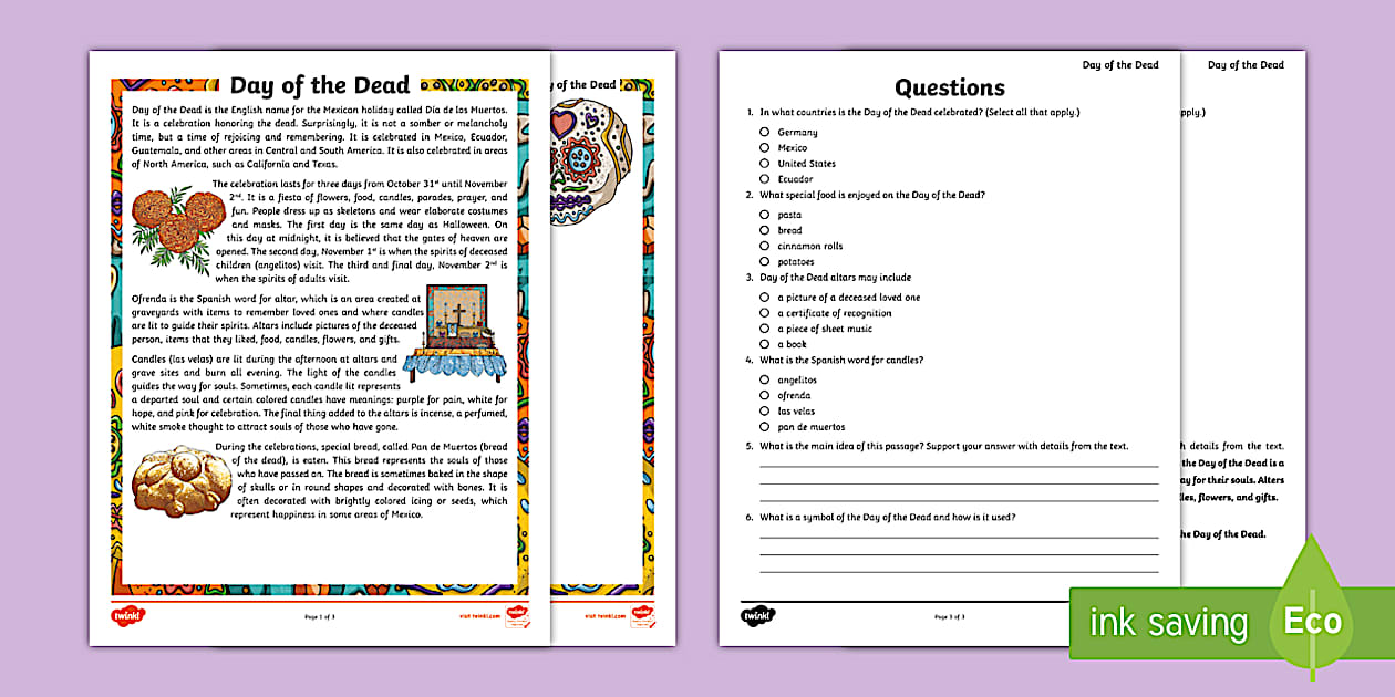 Fifth Grade Day of the Dead Questions Activity Worksheet | Twinkl USA