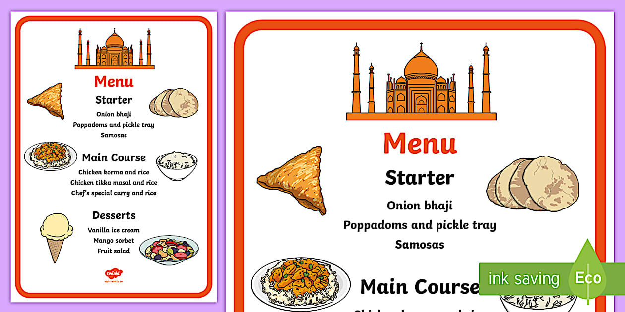Indian Restaurant Role Play Menu (teacher made) - Twinkl