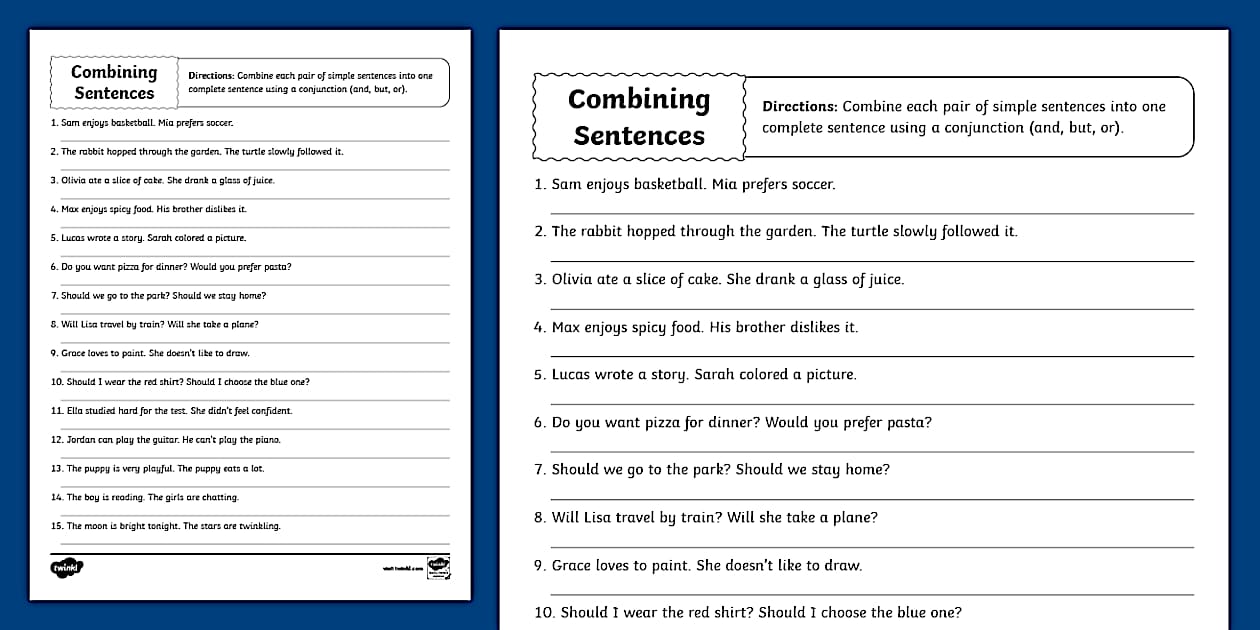 Combining Sentences With Conjunctions Grammar Worksheet for 3rd-5th Grade