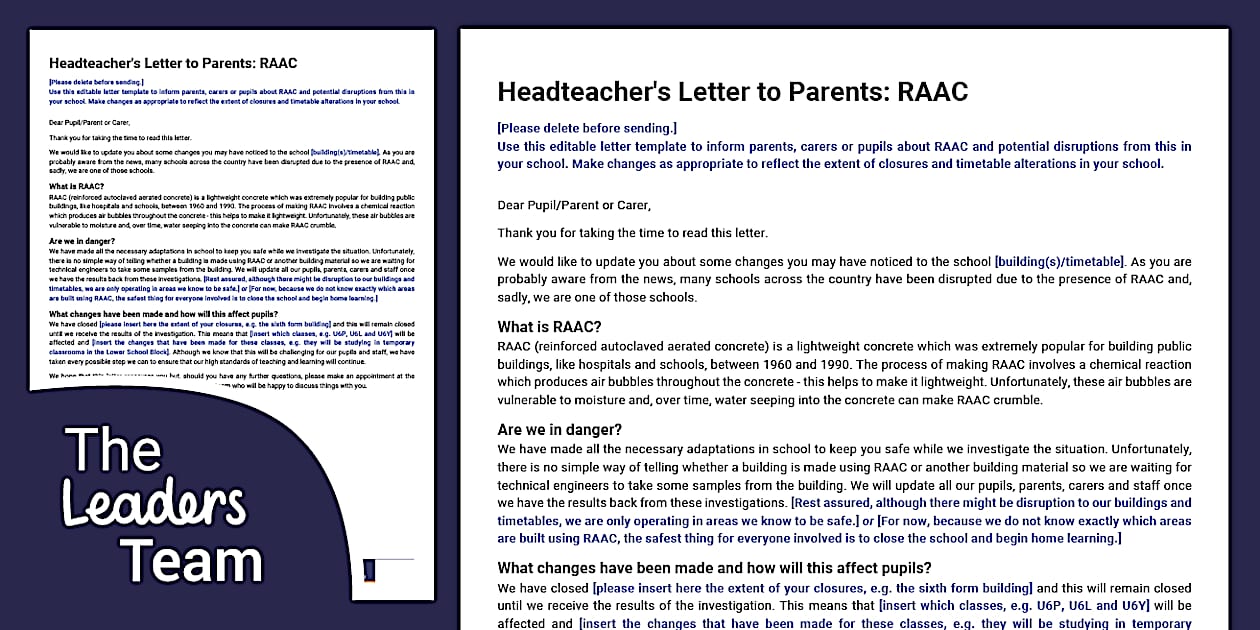 Headteacher's Letter to Parents: RAAC (Teacher-Made)