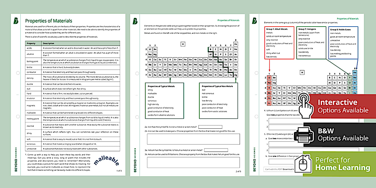 Properties of Materials Worksheet | Home Learning | Beyond