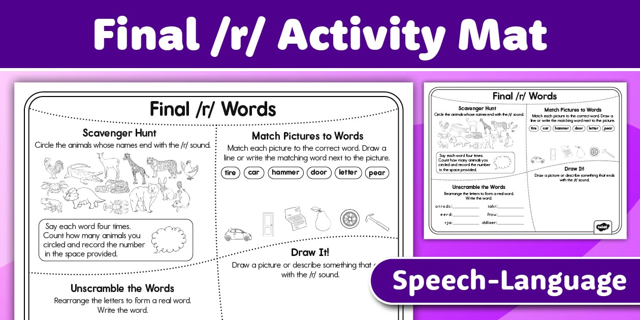 Articulation Final /r/ Carryover Practice Activity Mat