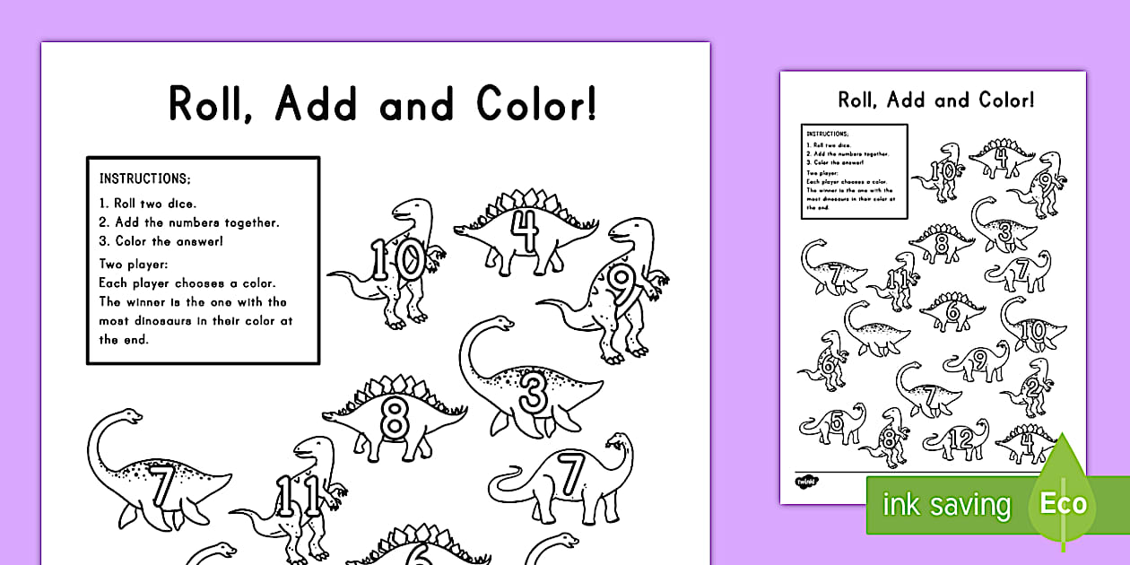 Dinosaur Roll Add and Color Worksheet | Twinkl USA Resource