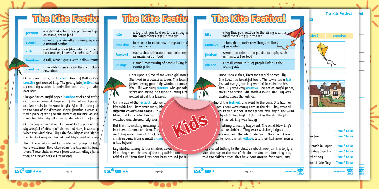 ESL Kite Festival Differentiated Reading Comprehension Kids