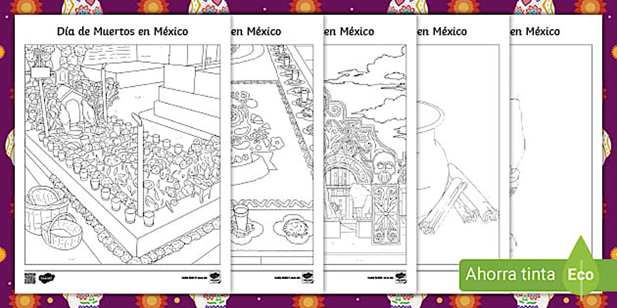 Hojas para colorear: Celebración Día de Muertos en México- Guía de trabajo