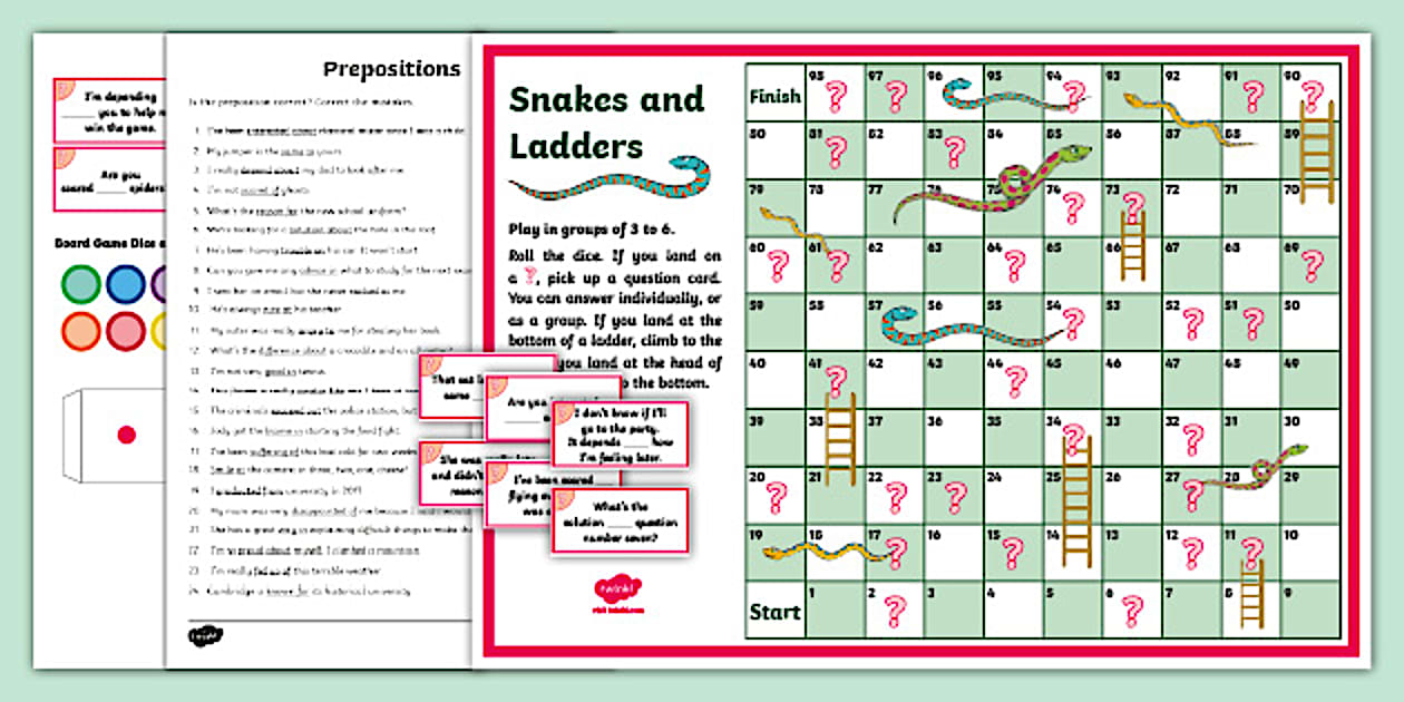 👉 Advanced Prepositions Snakes and Ladders - Twinkl