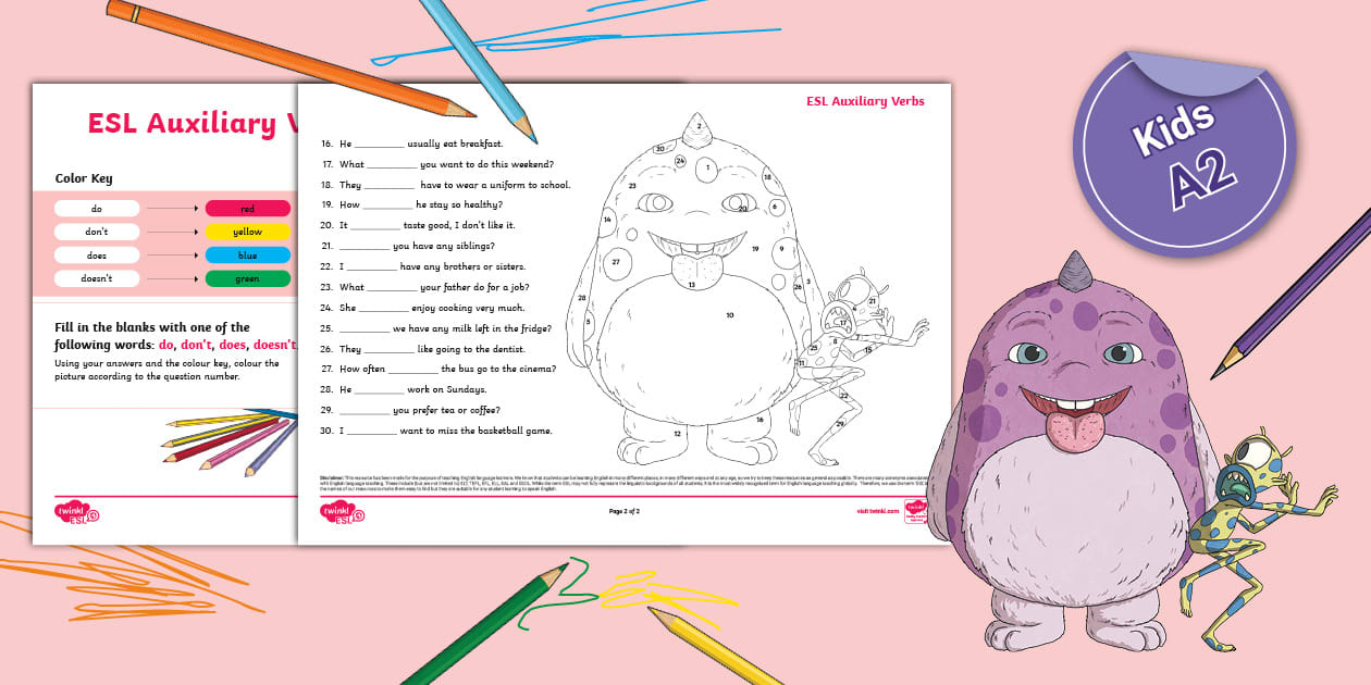 ESL Auxiliary Verbs Colouring Activity [Kids, A2] - Twinkl
