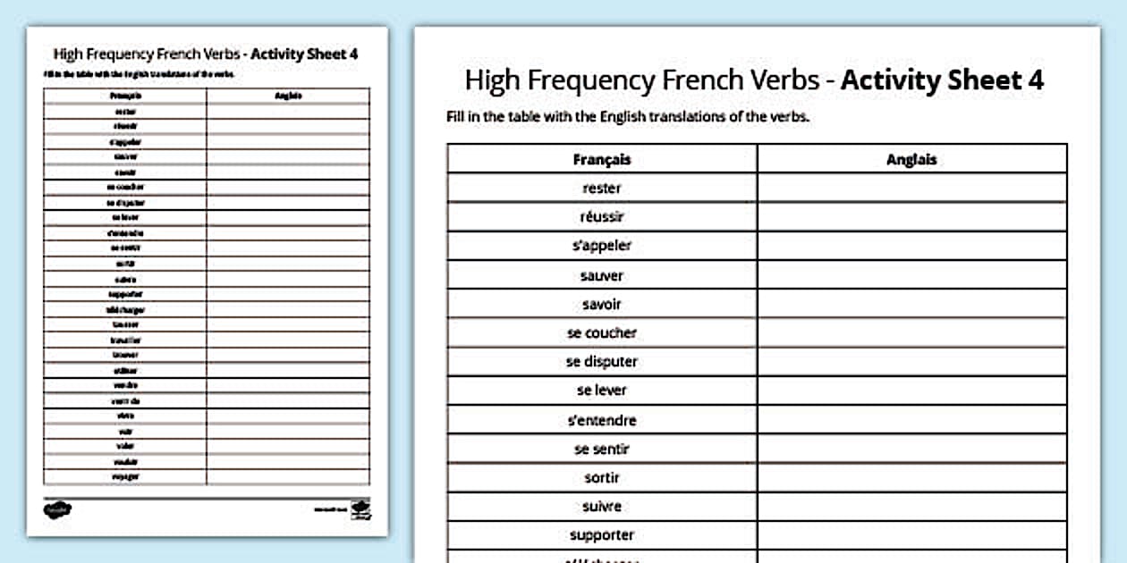 100 High Frequency French Verbs Worksheet / Worksheet 4, worksheet
