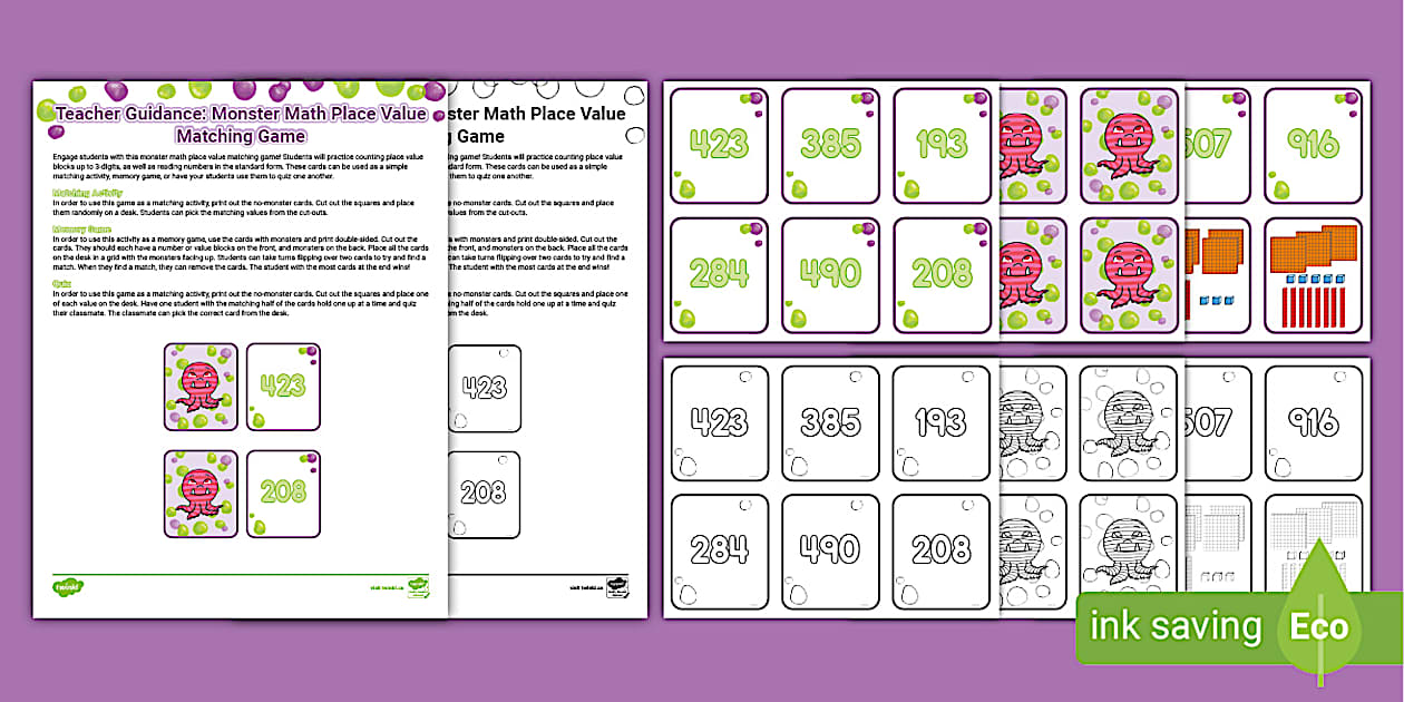 Monster Math Place Value Matching Game (teacher made)