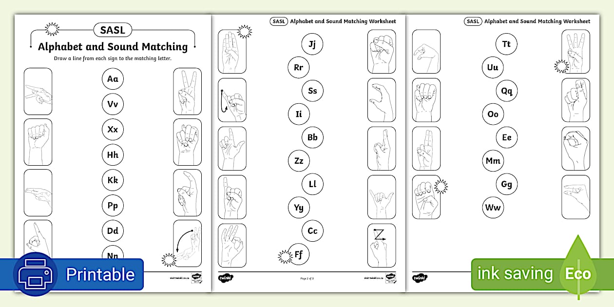 SASL Alphabet and Sound Matching Worksheet - Twinkl