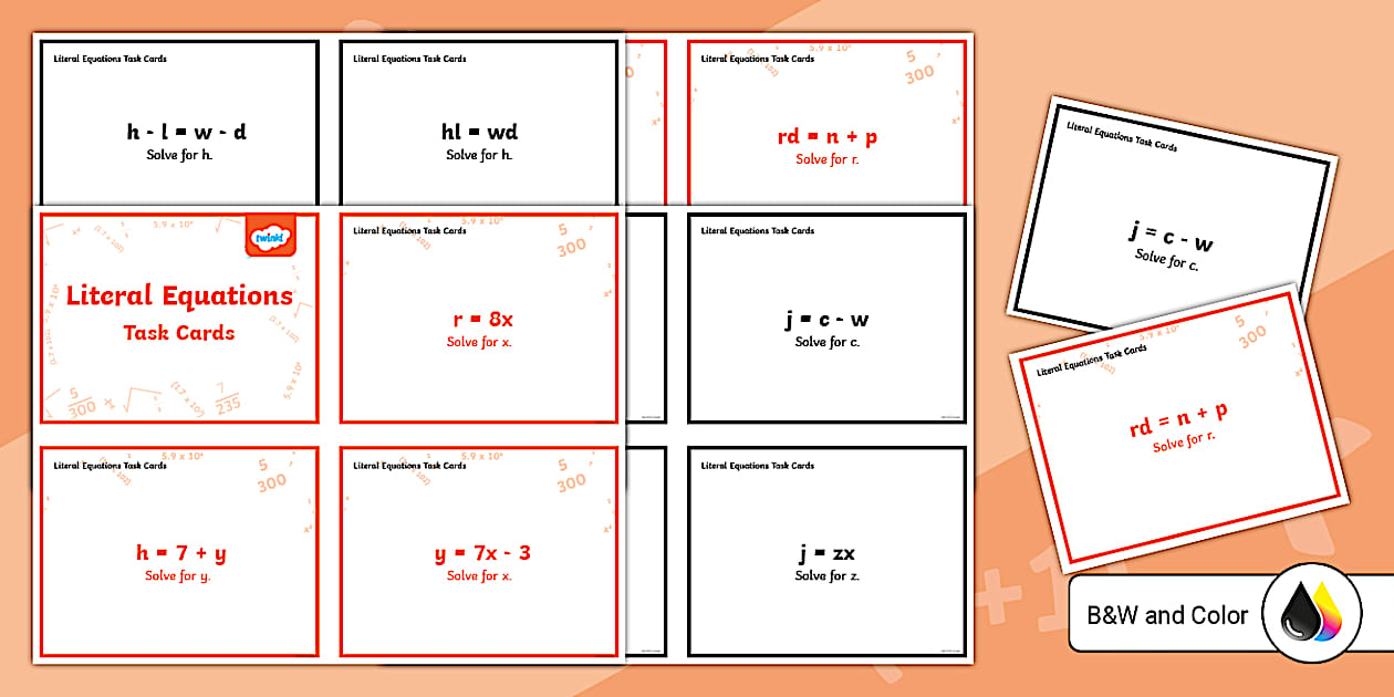 Algebra I: Literal Equations Task Cards (teacher made)