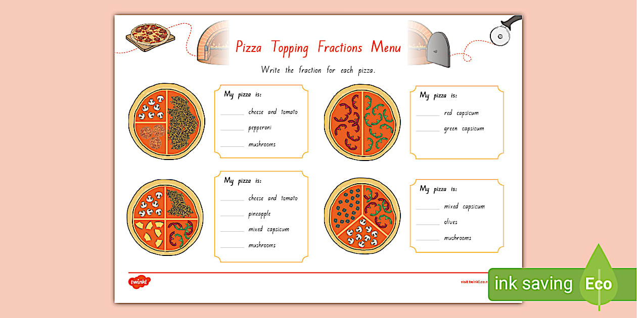 Pizza Topping Fractions Menu Worksheet (teacher made)