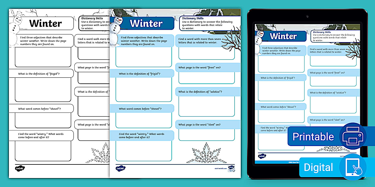 Winter Dictionary Skills Activity for 3rd-5th Grade - Twinkl