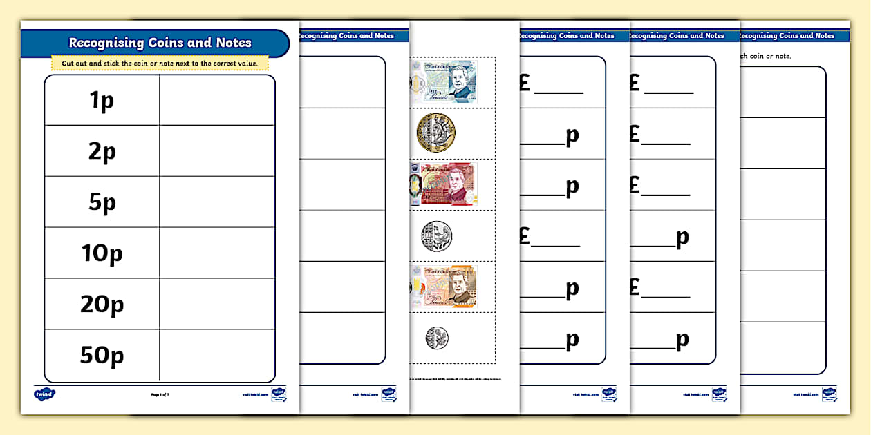 Recognising Coins and Notes Worksheet | Twinkl | Maths | KS1