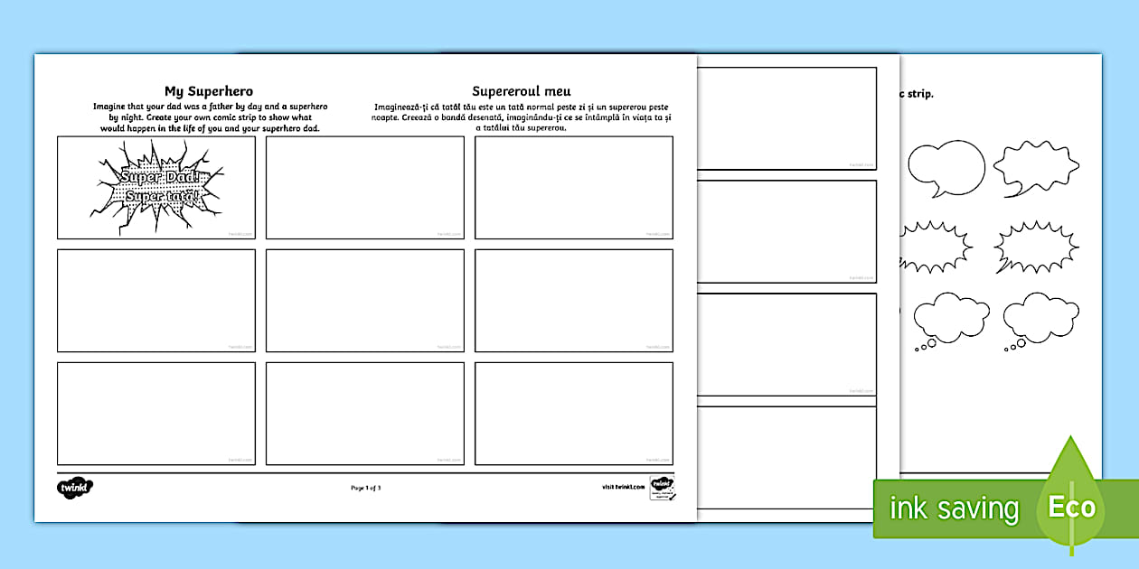 Father's Day Superhero Comic Strip Storyboard Template English/Romanian