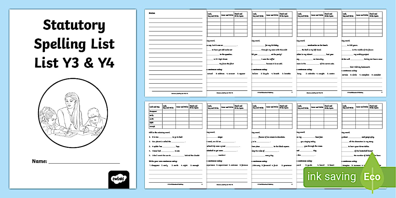Y3 and Y4 Spelling List Activity Book - Statutory Spellings